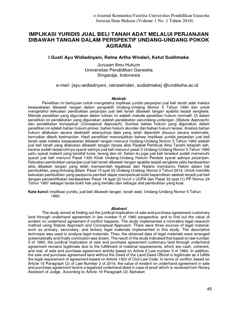Jurnal - Implikasi Yuridis Jual Beli Tanah Adat Melalui Perjanjian Dibawah Tangan Dalam ...