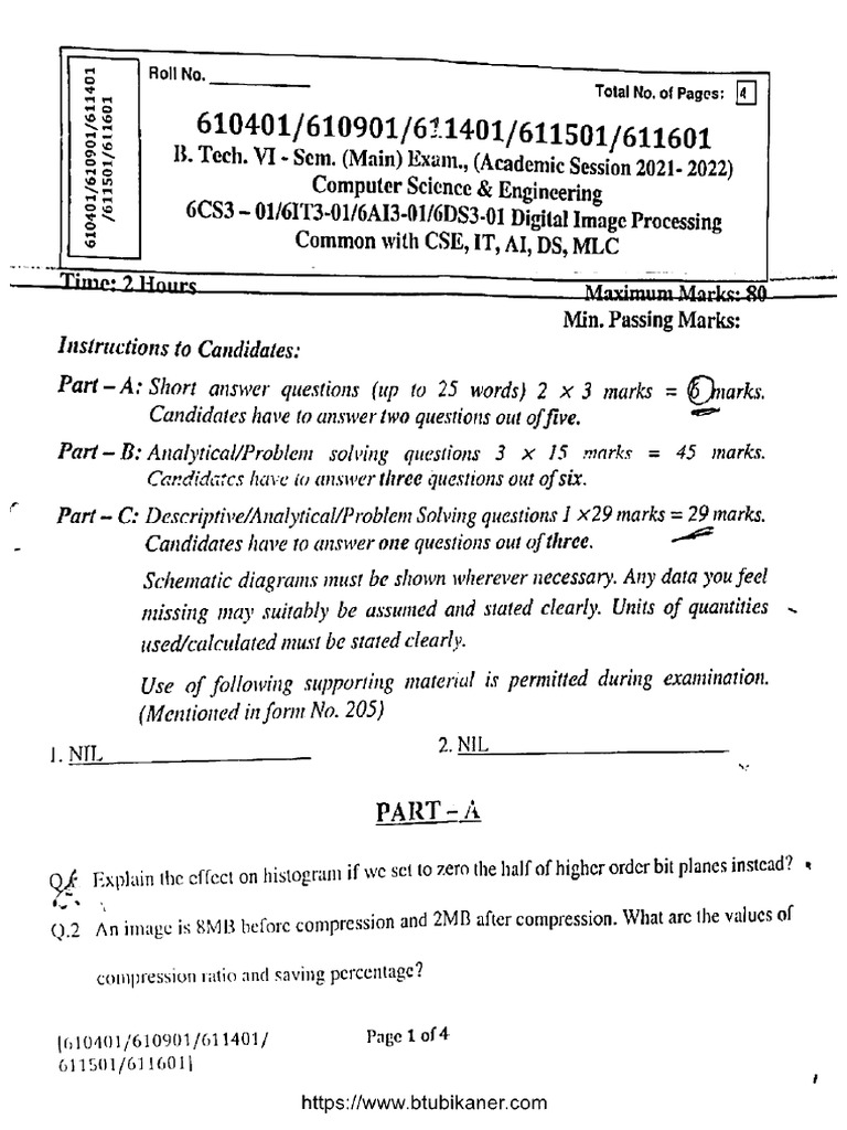 Btech Cs It Ai Ds MLC 6 Sem Digital Image Processing 610401 2022 | PDF