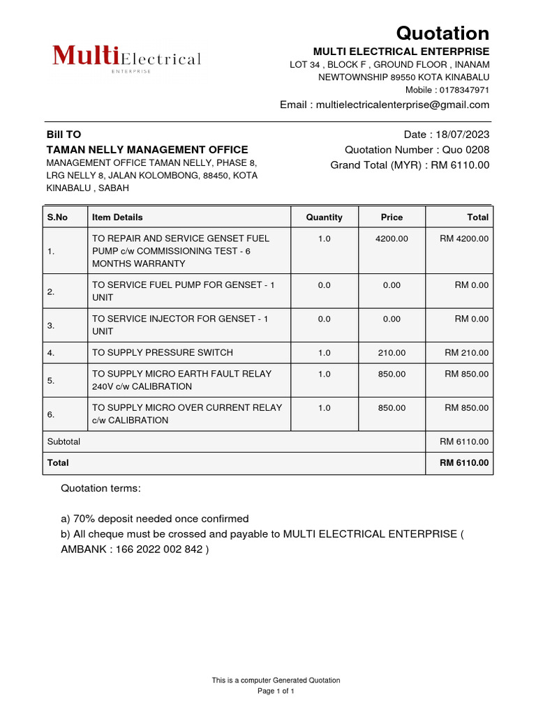 Taman Nelly Management Office - Quo 0208 | PDF