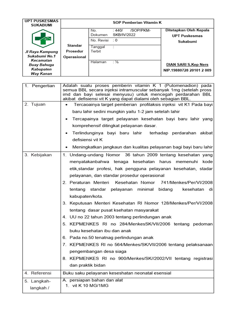Sop Injeksi Vitamin K | PDF