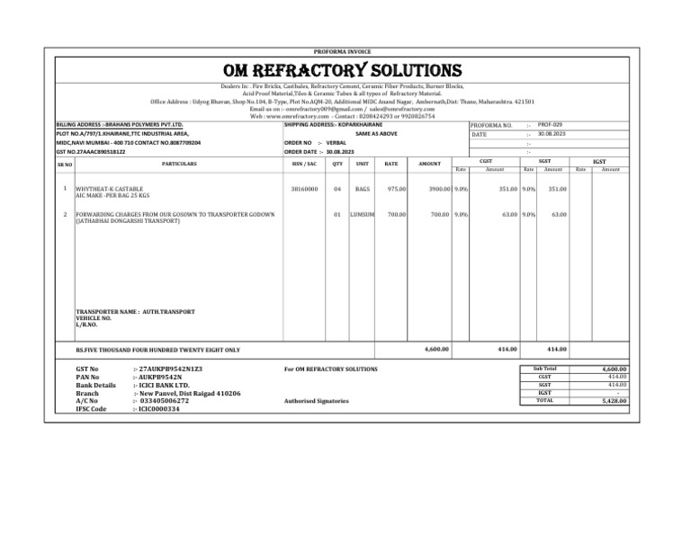 Proforma Invoice for Refractory Materials | PDF | Refractory | Building ...