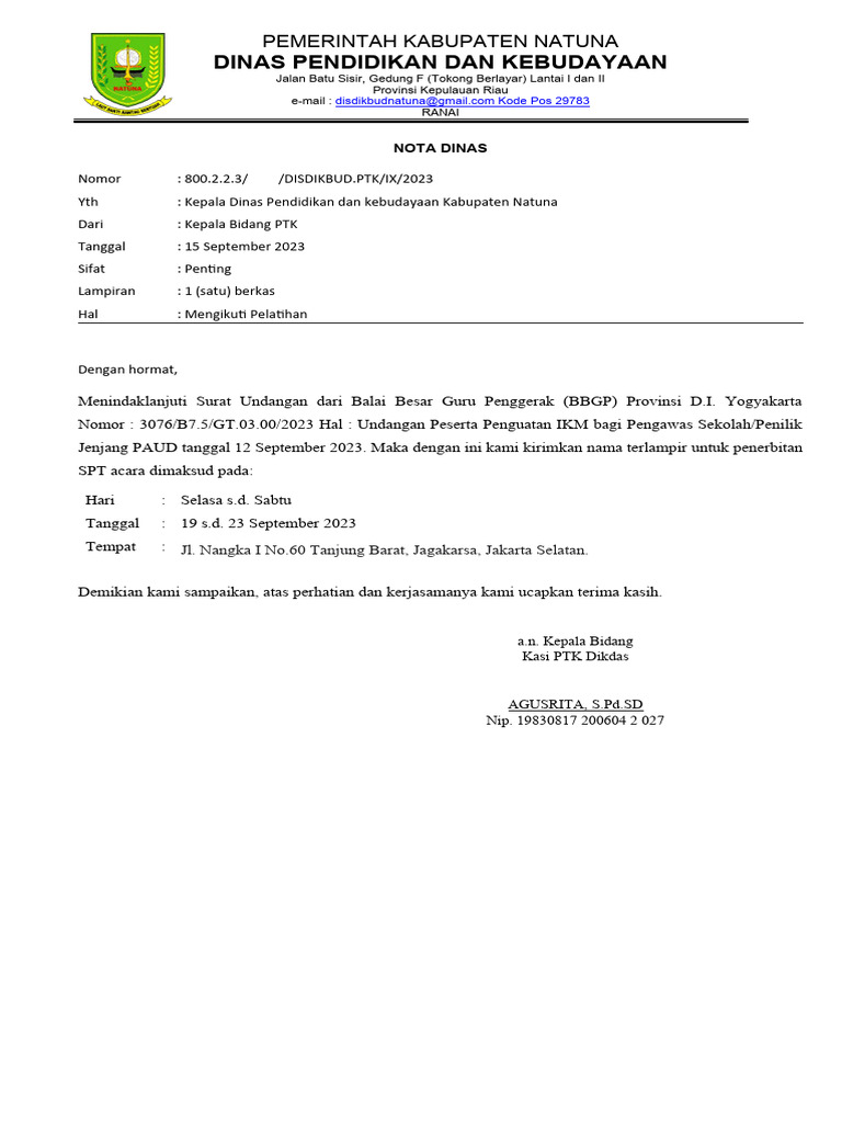 Nota Dinas Spt 19 Sept 2023 Pdf