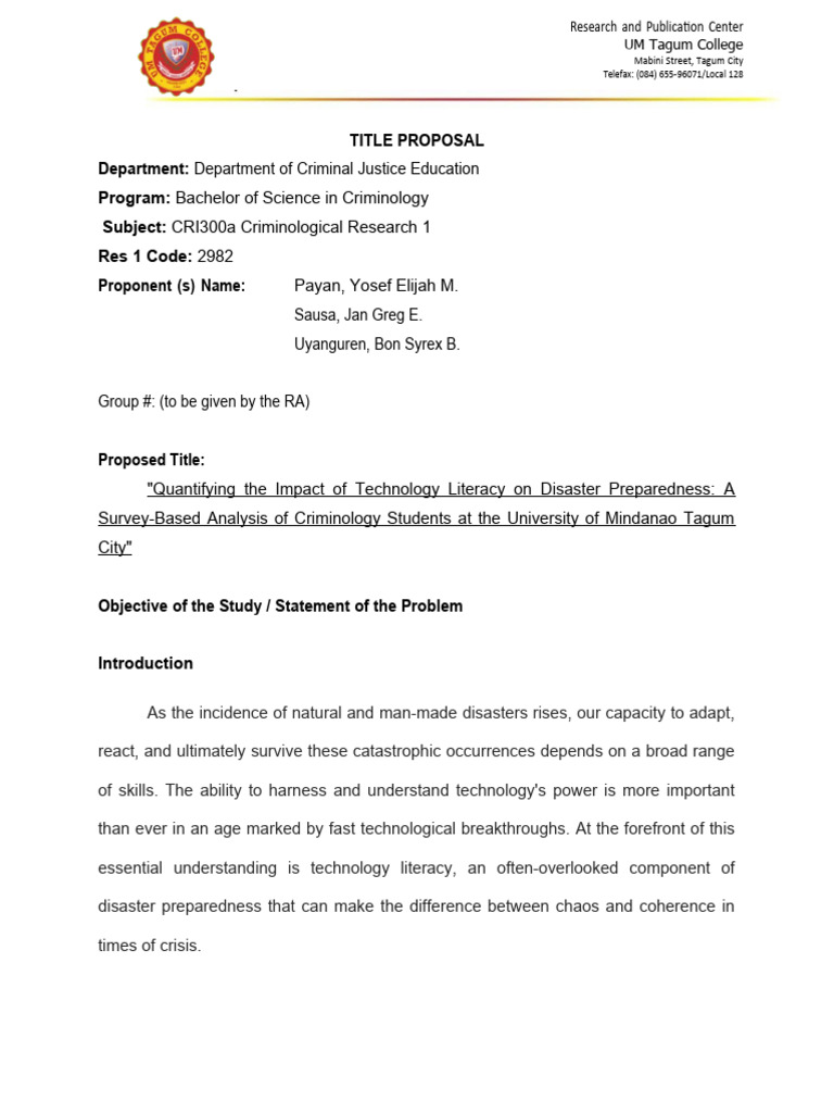 1 Title Proposal | PDF | Cognition | Behavioural Sciences