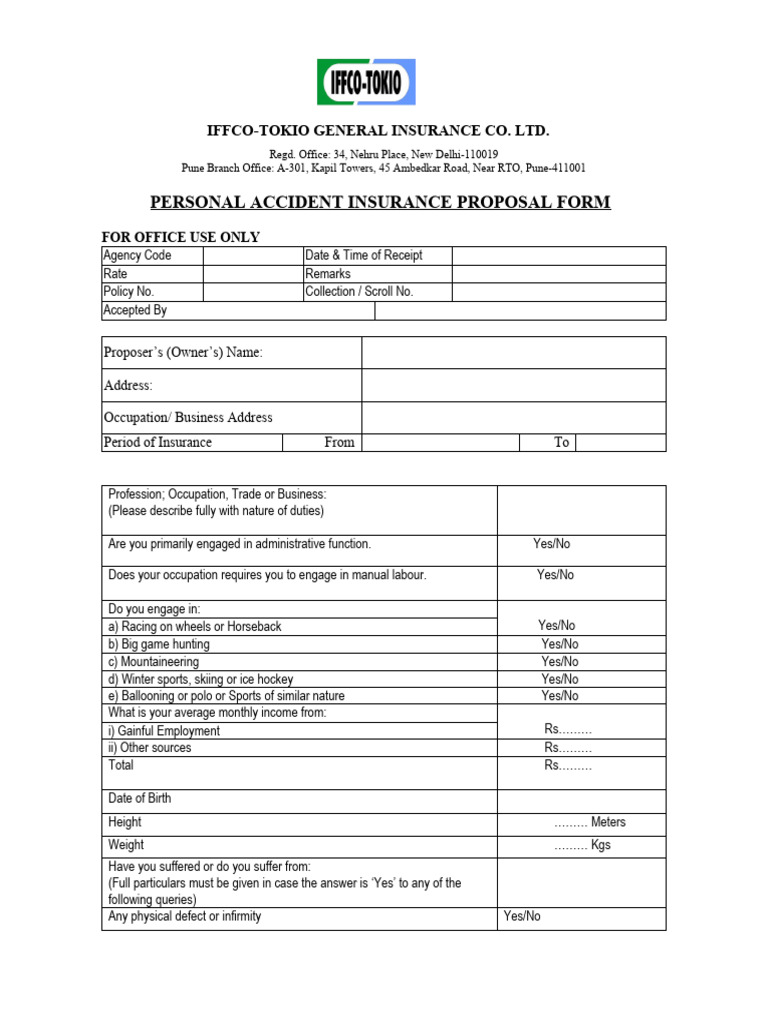 IFFCO-Tokio Personal Accident Proposal Form | PDF | Insurance | Economies