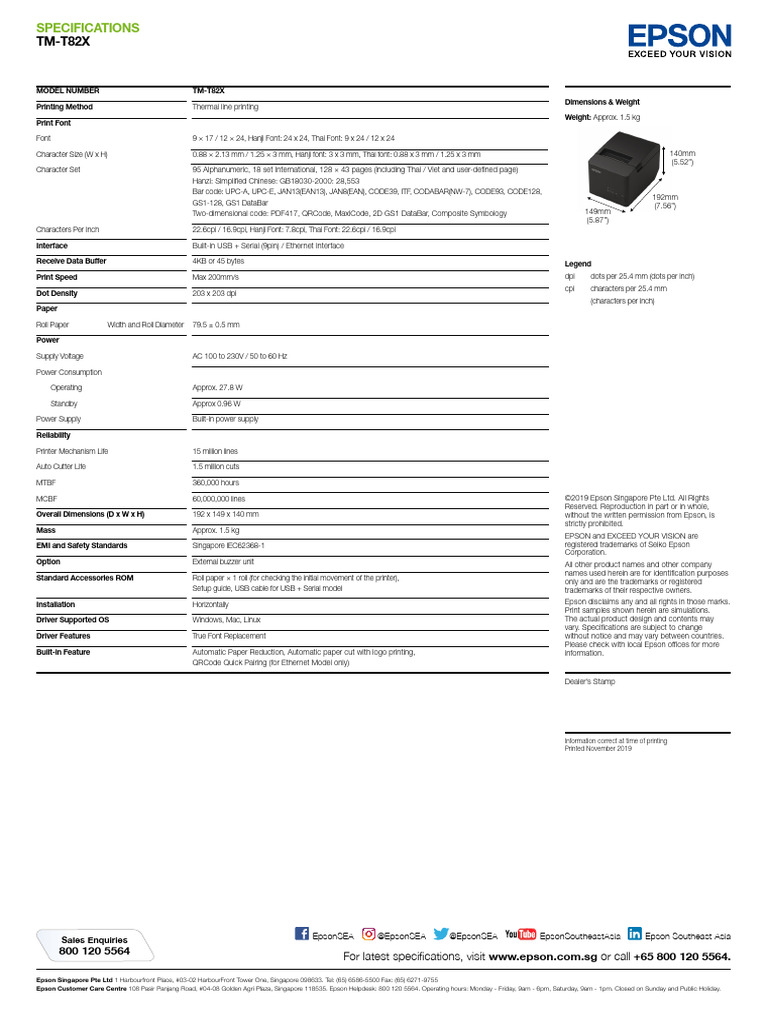 Epson TM-T82X Thermal Printer Specs | PDF | Universal Product Code | Printer (Computing)