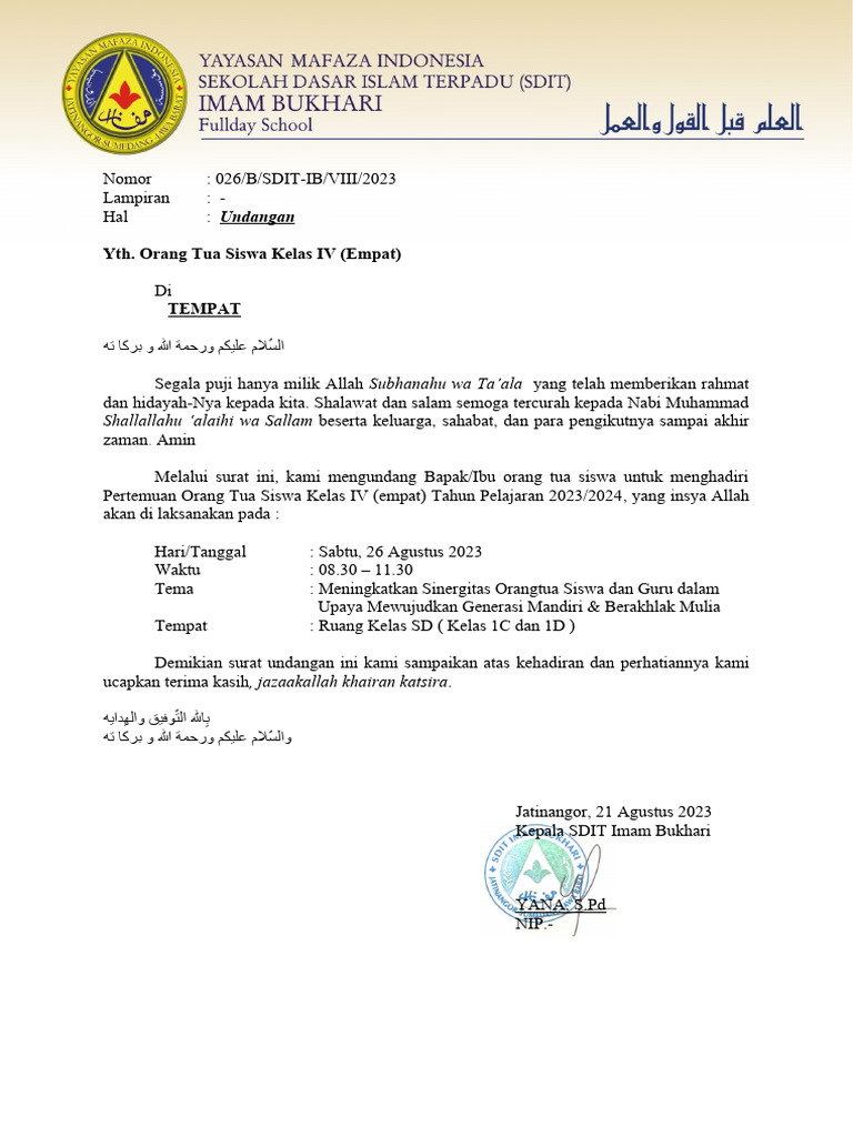 Surat Undangan Orang Tua Siswa Kelas 4 23 | PDF