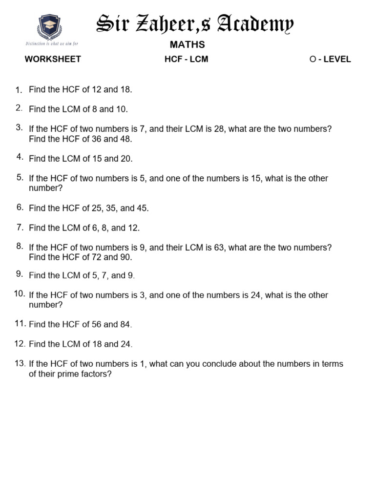 O Level Maths HCF LCM Worksheet | PDF