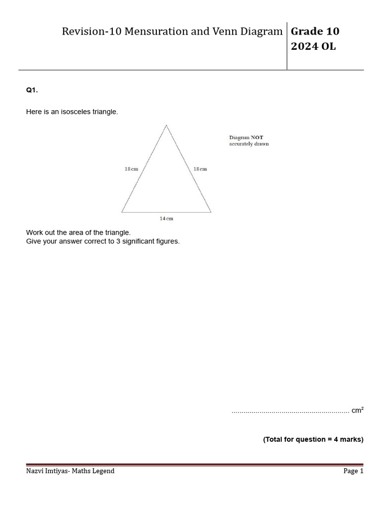Revision 10 Mensuration and Venn Diagram | PDF | Area | Circle