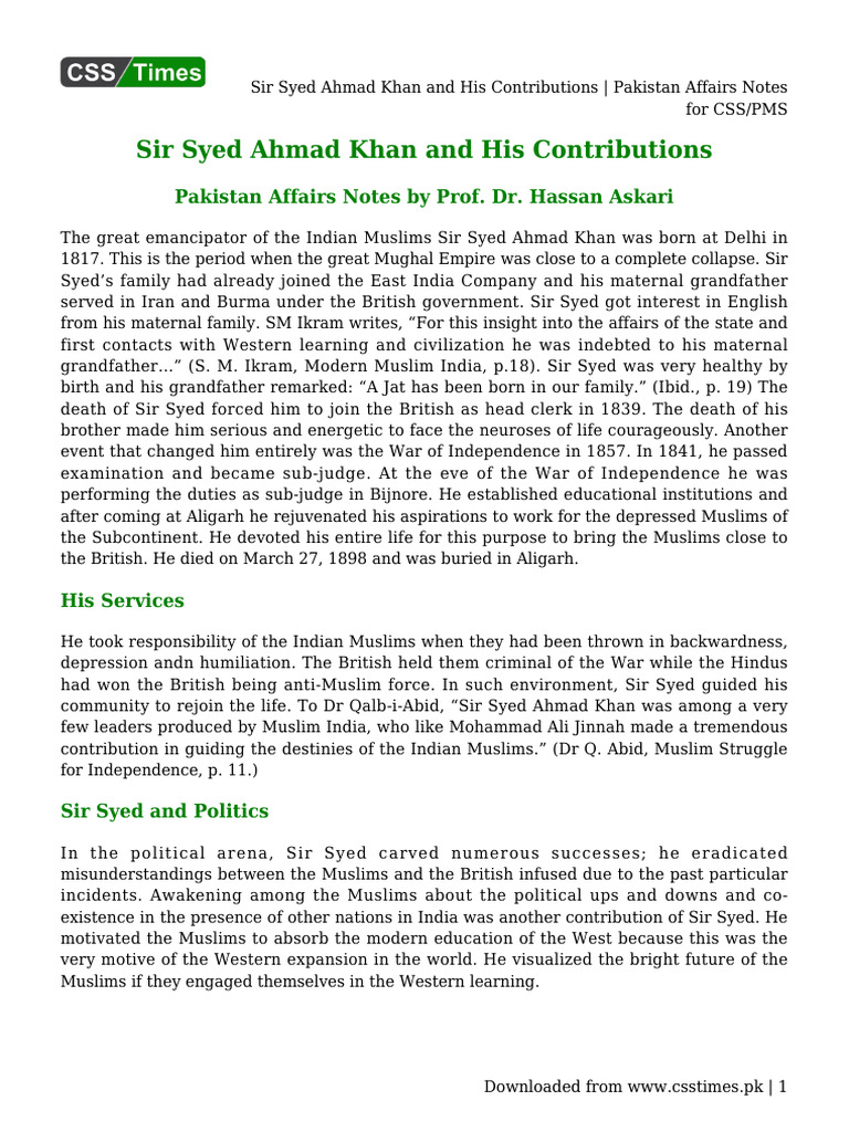 Sir Syed Ahmad Khan and His Contributions - Pakistan Affairs Notes For ...
