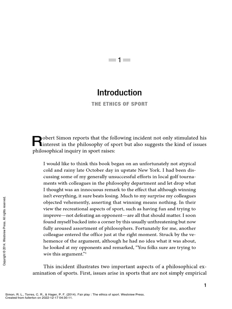 Fair Play The Ethics of Sport - (1. Introduction The Ethics of Sport ... Fair Play The Ethics of Sport - (1. Introduction The Ethics of Sport ...