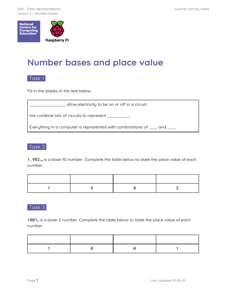 A1 Activity Sheet - Number Bases and Place Value | PDF
