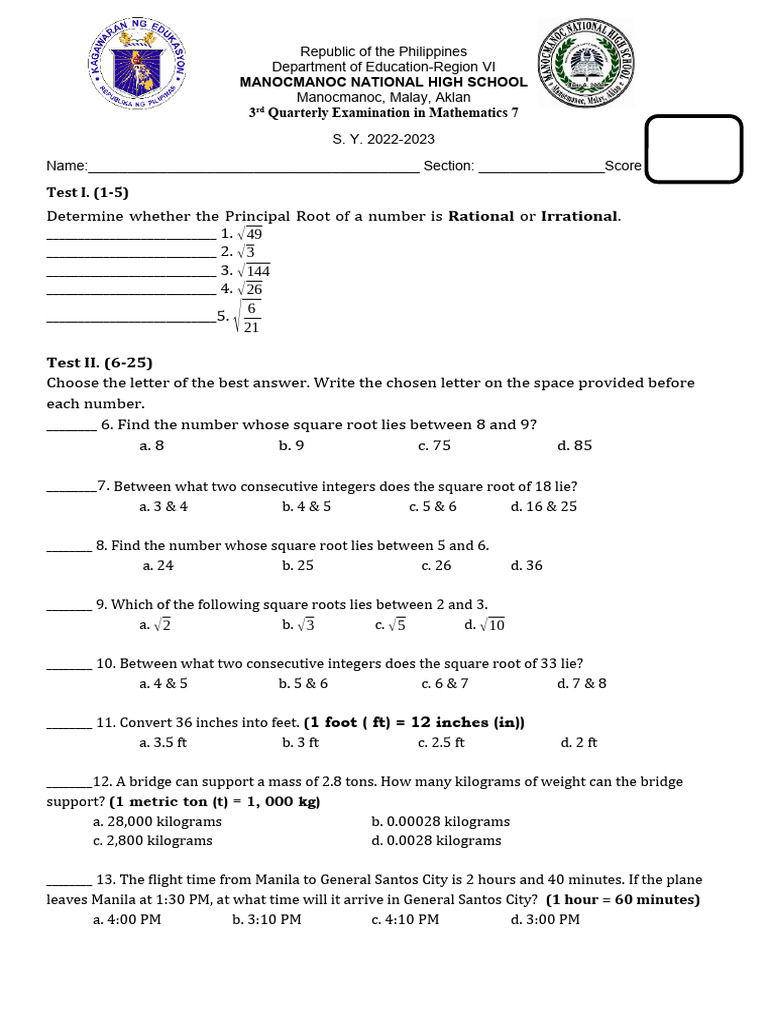 3rd Q Exam MAth | PDF | Square Root | Numbers