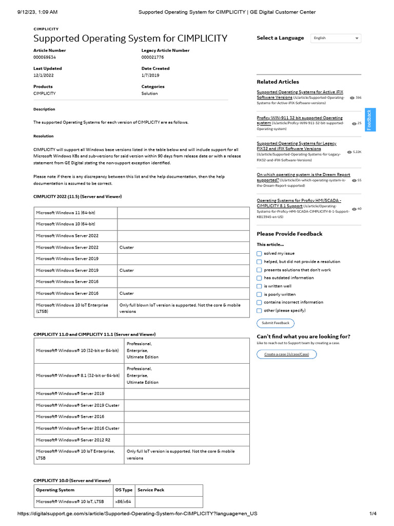 Supported Operating System For CIMPLICITY - GE Digital Customer Center | PDF | Windows Server ...