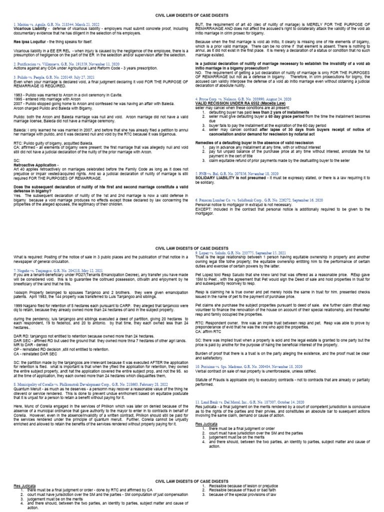 DIGEST NOTES - Civil Law | PDF | Annulment | Judgment (Law)