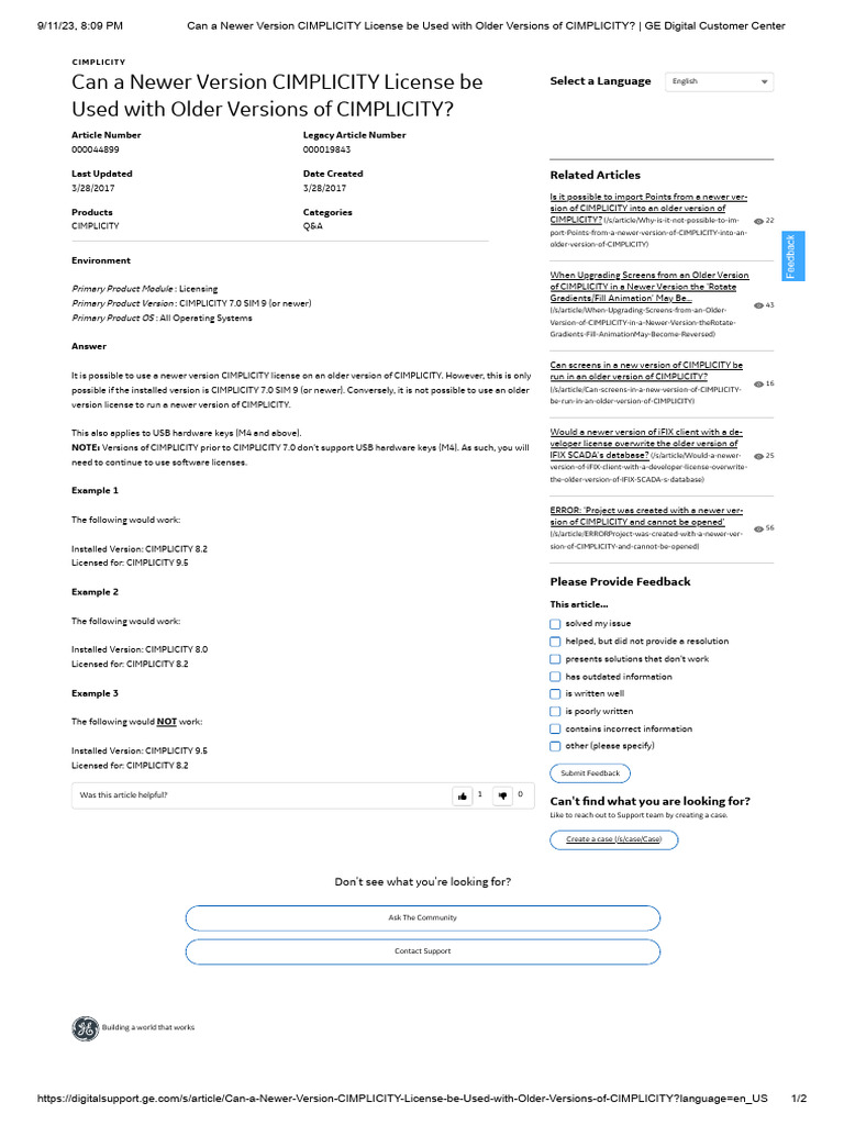 Can A Newer Version CIMPLICITY License Be Used With Older Versions of ...