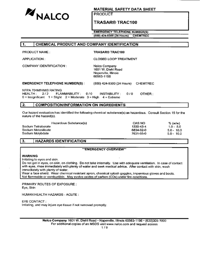 TRASAR - TRAC100 Sds | PDF