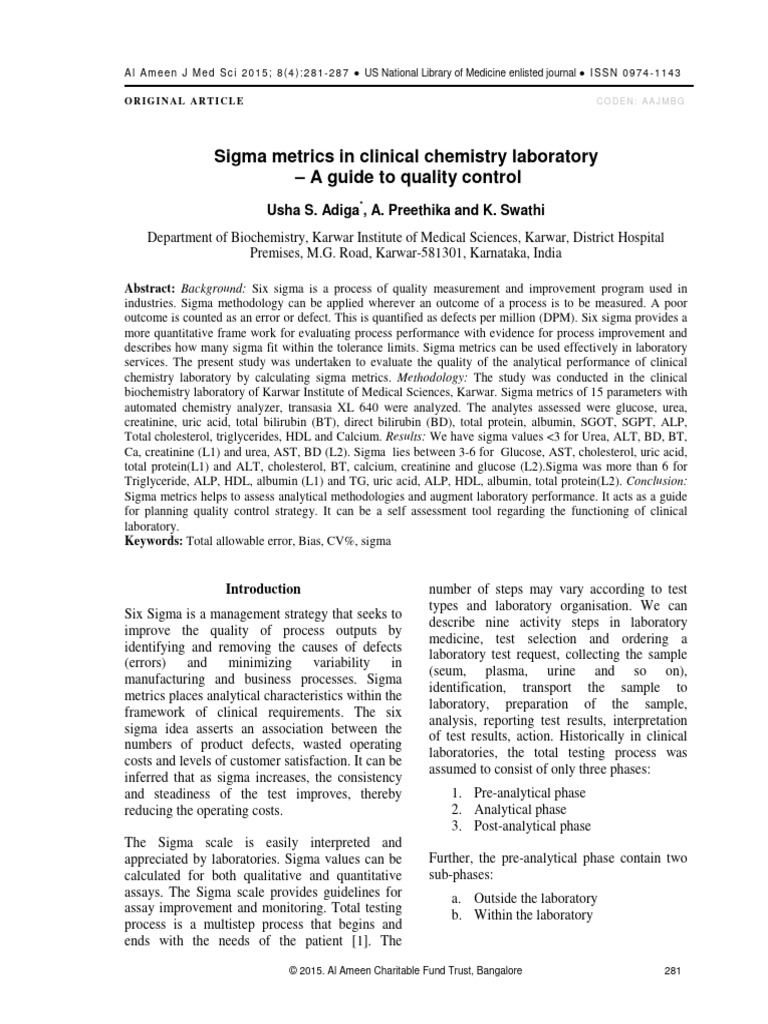 Sigma Metrics in Clinical Chemistry Laboratory - A Guide To Quality ...