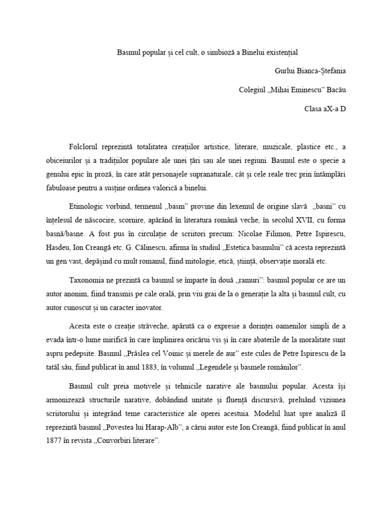 Eseu Basm Popular Si Basm Cult | PDF