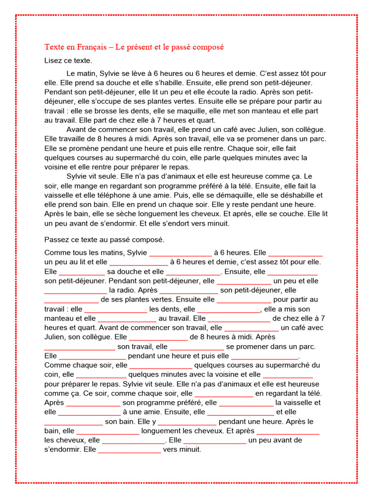 Present Et Passe Compose Texte en Francais 1 Exercice Grammatical ...