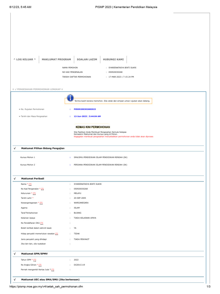 PISMP 2023 - Kementerian Pendidikan Malaysia - Isya-Submit | PDF