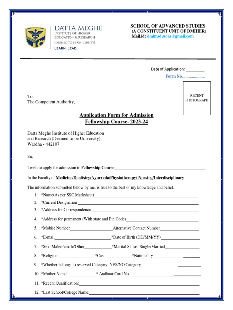 FELLOWSHIP Application Form 2023 24 | PDF | Doctor Of Medicine