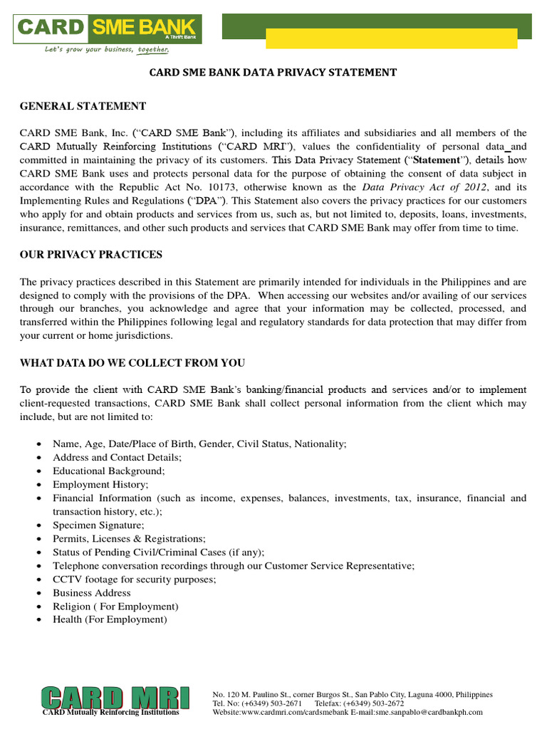 CARD SME Bank Data Privacy Overview | PDF | Banks | Privacy