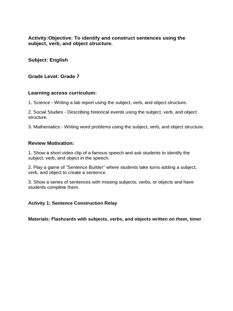 Lesson Plan | PDF | Subject (Grammar) | Object (Grammar)