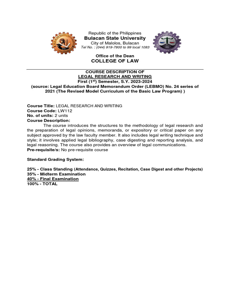 Legal Research and Writing Syllabus | PDF