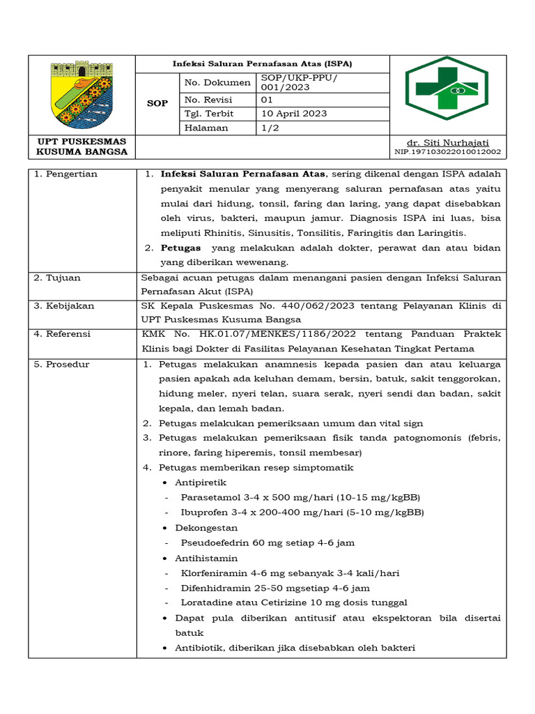 SOP Infeksi Saluran Pernafasan Atas (ISPA) | PDF