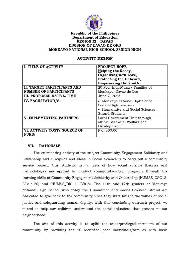 Activity Design-Community Outreach | PDF | Social Sciences | Community