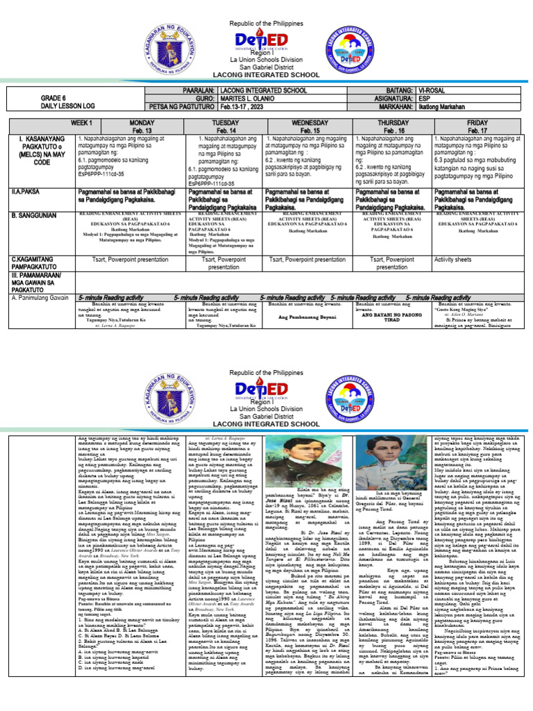 ESP 6 DLL Third Quarter Week 1 S.Y. 2022 2023 | PDF