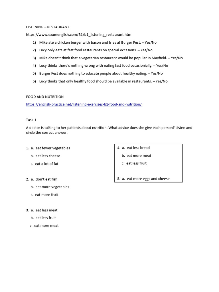 B1 Listening: Restaurant & Nutrition | PDF | Wellness