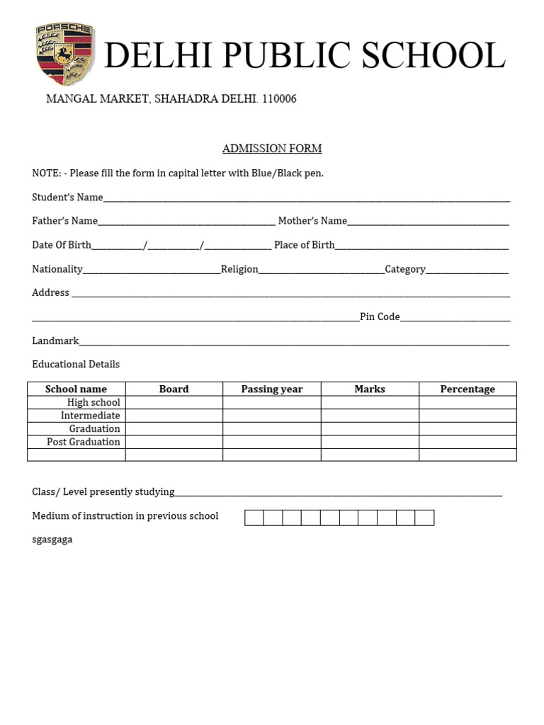 Delhi Public School Admission Form | PDF