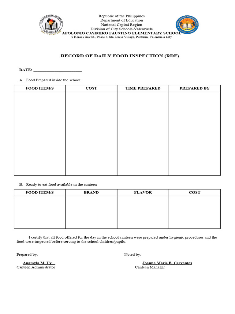 Record of Daily Food Inspection - RDF | PDF