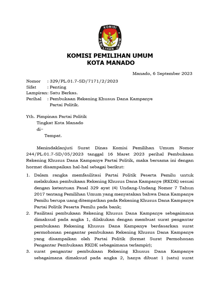 Surat Penyampaian Pembukaan RKDK Ke Partai Politik Peserta Pemilu 2024 ...