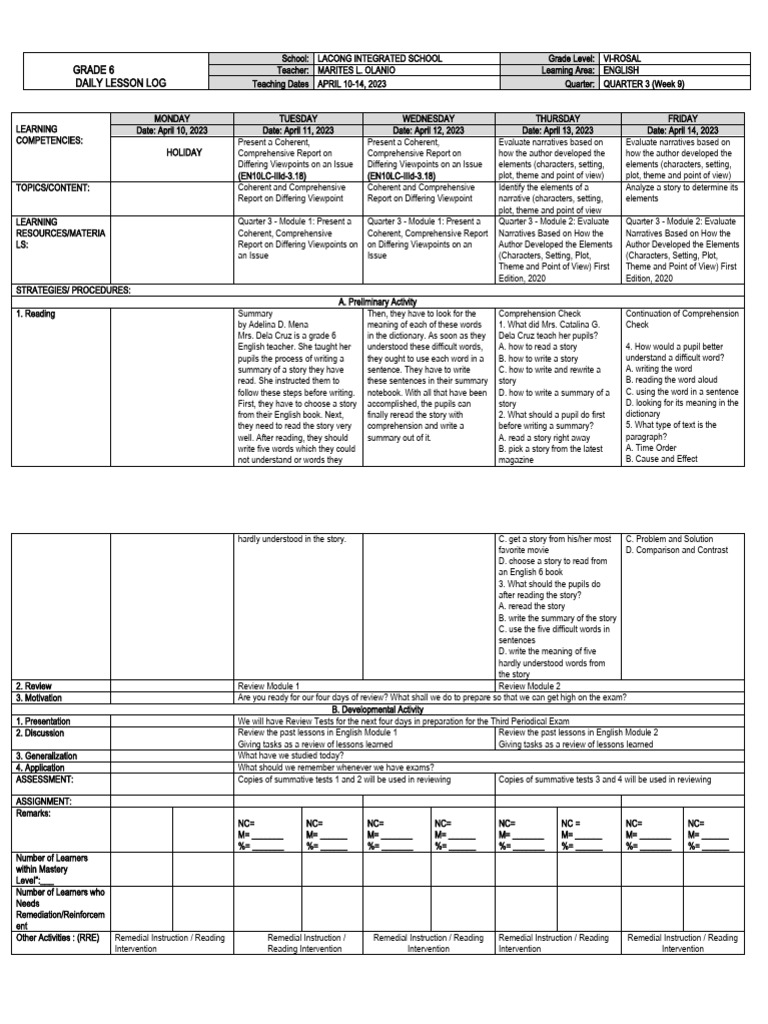 English 6 Q3 Week 9 | PDF | Narration | Education Theory