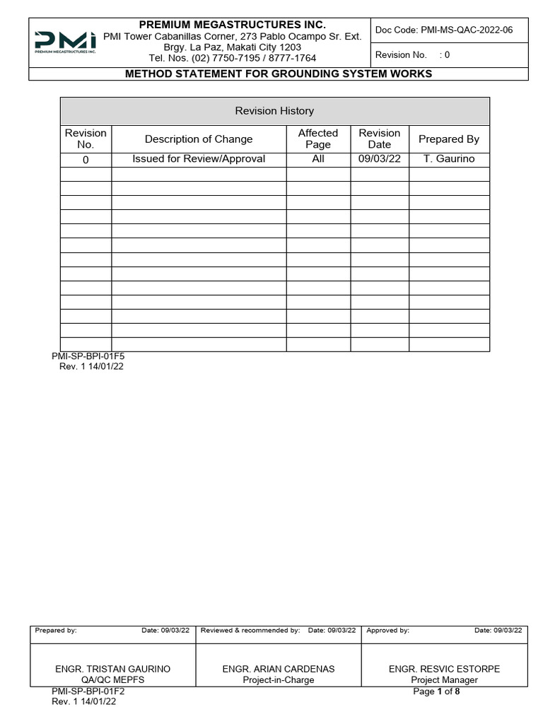 PMI-MS-QAC-2022-03 - Method Statement For Grounding System Works - MS 2 ...
