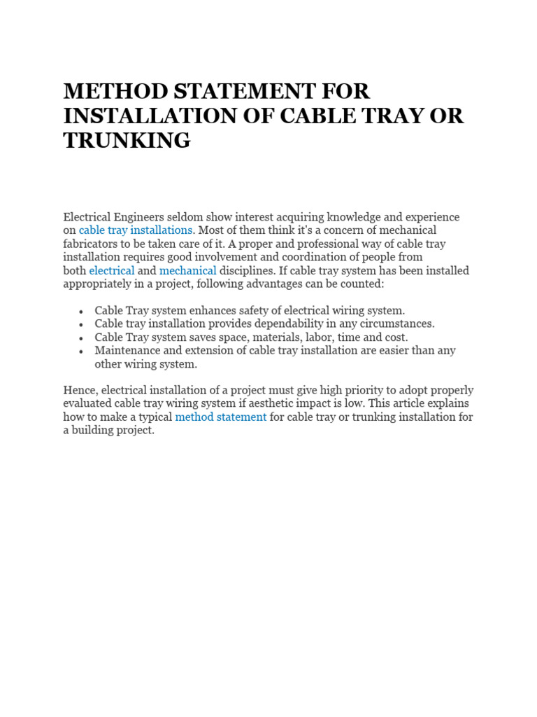 Method Statement For Installation of Cable Tray or Trunking | PDF | Electrical Wiring | Safety