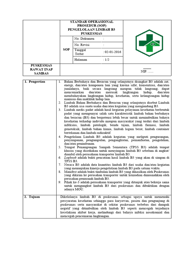Standar Operasional Prosedur (Sop) Pengelolaan Limbah B3 Puskesmas | PDF