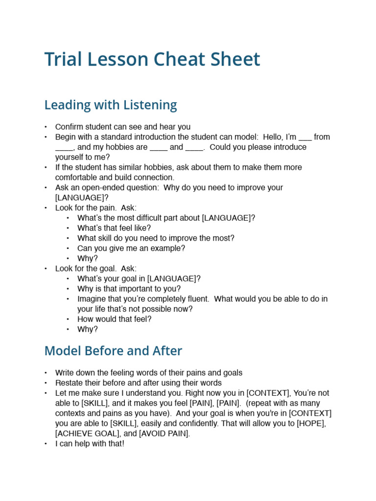 Trial Lesson Cheat Sheet | PDF | Human Communication | Cognitive Science