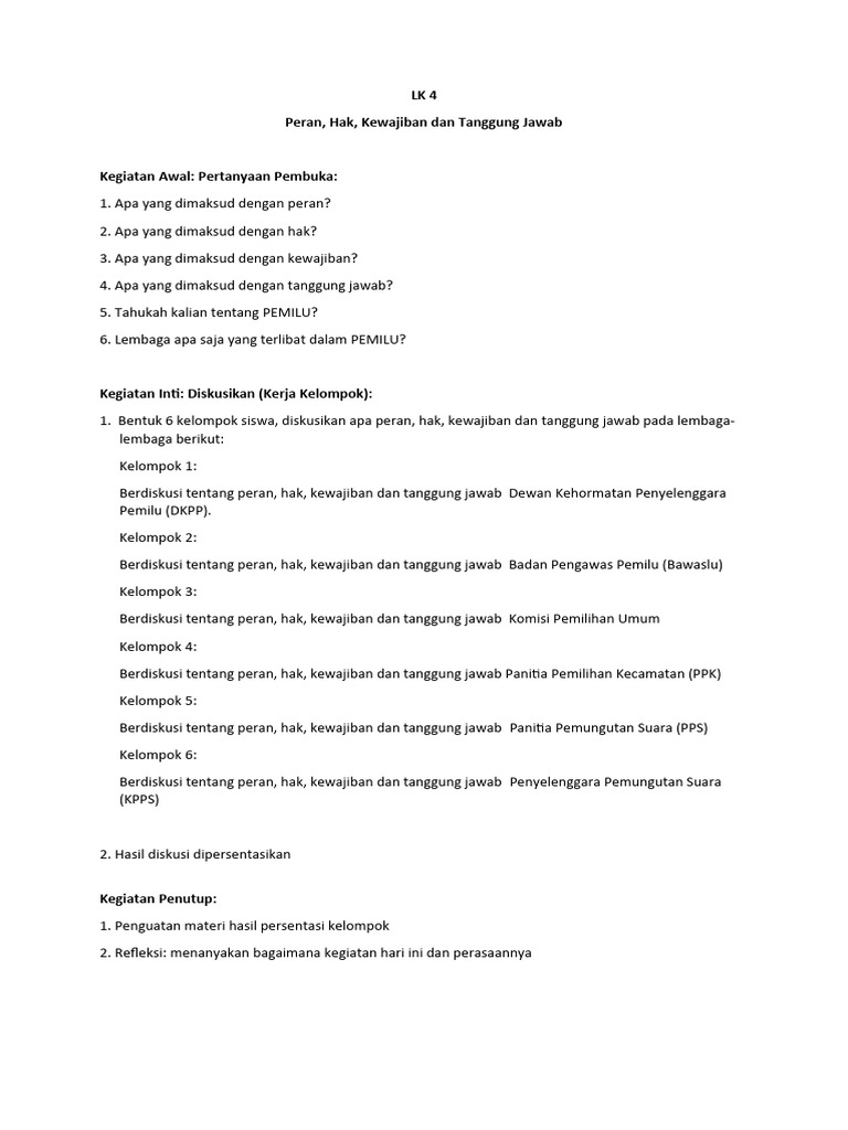 LK 4. Peran - Hak - Kewajiban Dan Tanggung Jawab | PDF