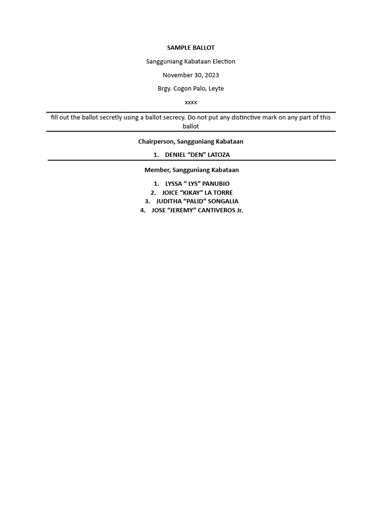 Cogon Palo SK Election Sample Ballot 2023 | PDF | Social Science