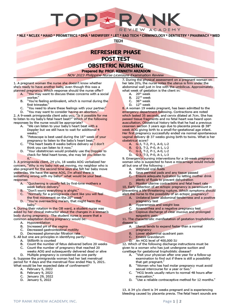Post Test - Ob - Prof. Arzadon (SC) | Download Free PDF | Childbirth ...