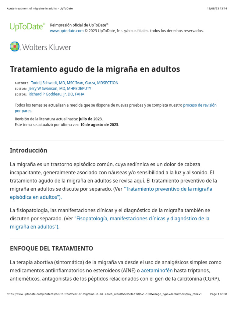 Migraña en Adultos. Tto Agudo | PDF | Dolor de cabeza | Migraña