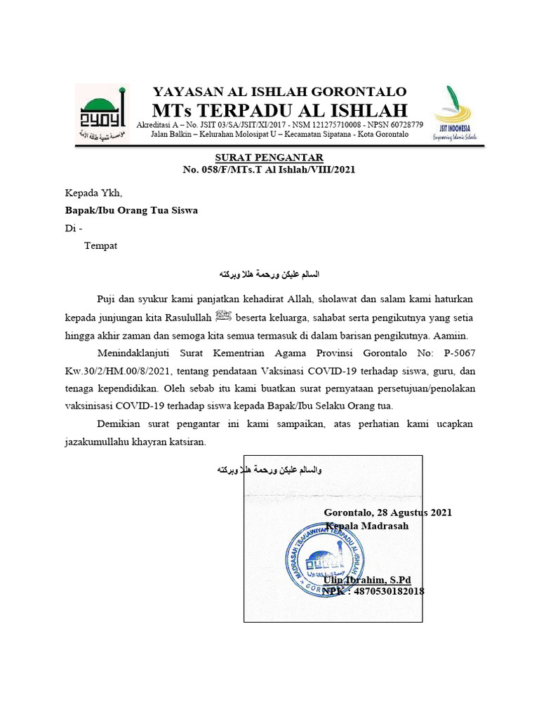 Surat Persetujuan Vaksinasi Siswa MTs Al Ishlah | PDF