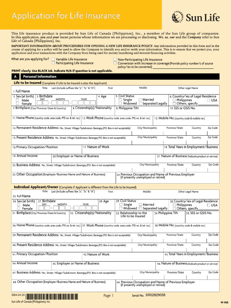 Sun Life Insurance Application Form | PDF | Life Insurance | Insurance