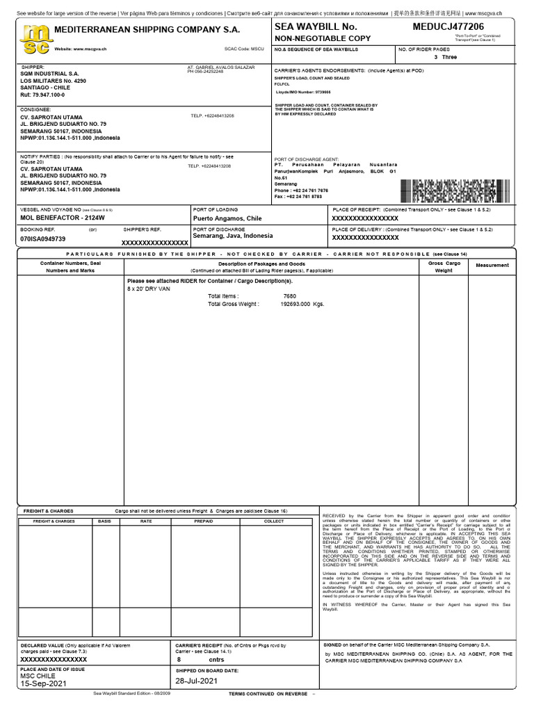 BL MEDUCJ477206 Sea Waybill | PDF | Cargo | Bill Of Lading