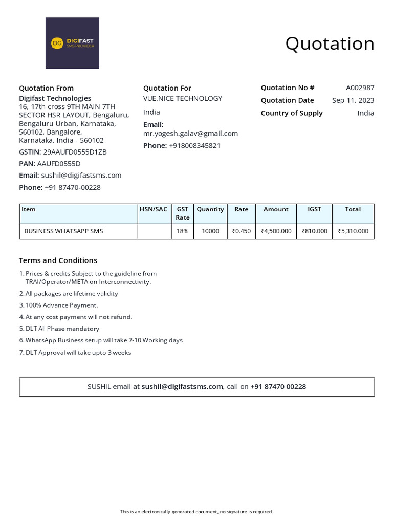 Quotation A002987 Digifast Technologies Vuenice Technology | PDF