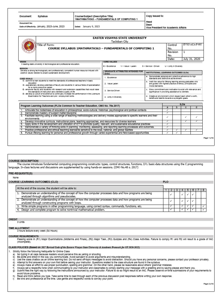 Course Syllabus 2020 Fundamentals of Computing 1 | PDF | Learning ...