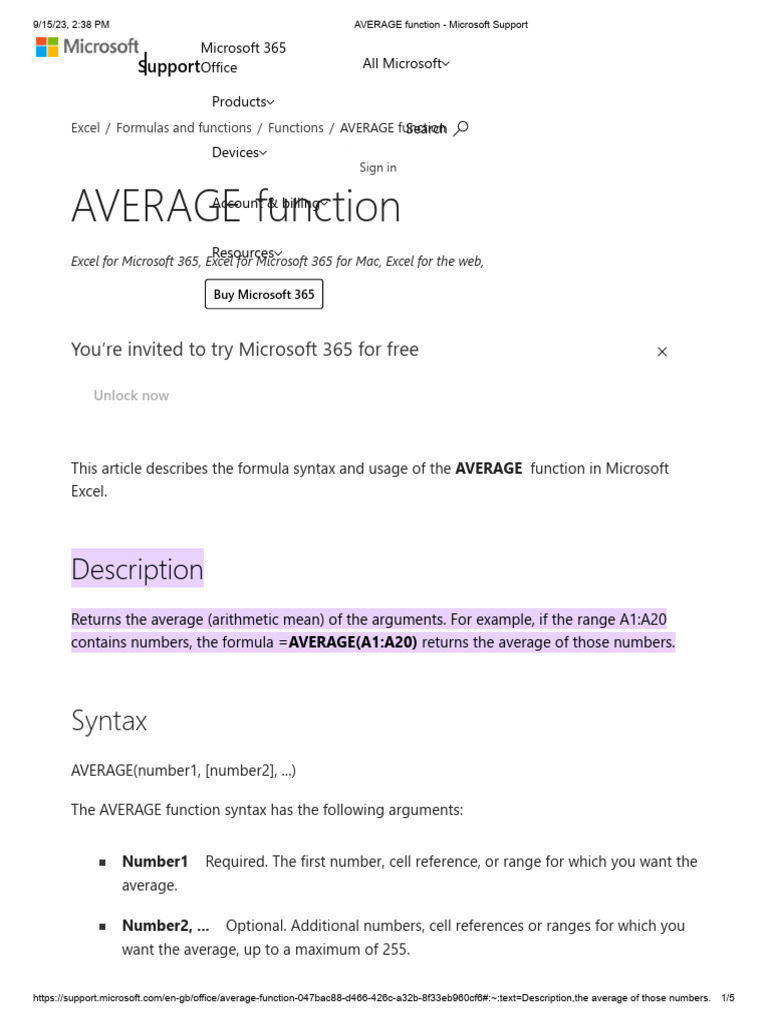 AVERAGE Function - Microsoft Support | PDF | Average | Microsoft Excel